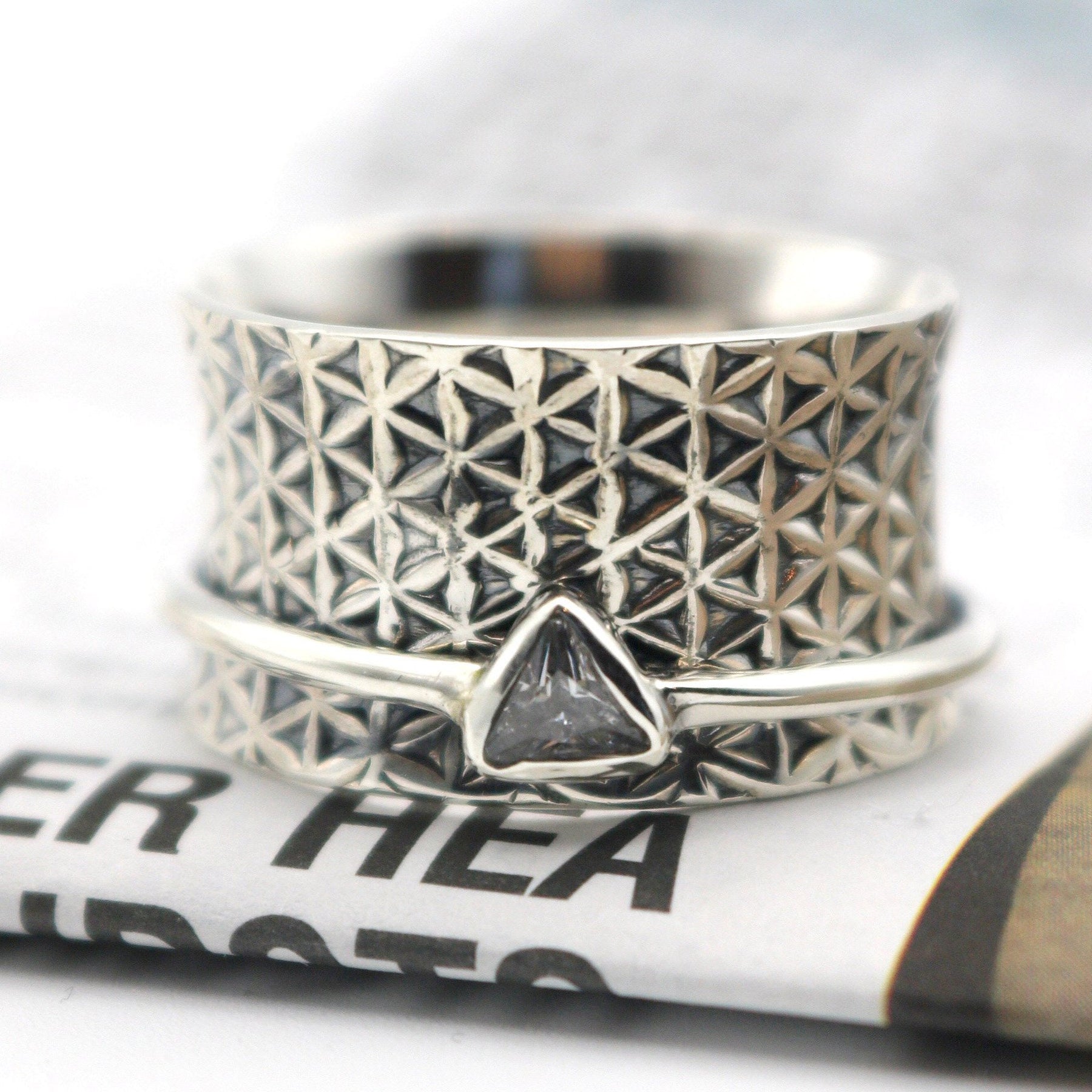 Energy Stone Geometric TRILLIAN Meditation Spinner Ring Silver (US81)